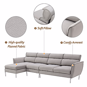 KoiHome 111" Convertible Sectional, Flannel L Shape Upholstered Living Room Couch with Left/Right Facing Handed, 5 Seats Indoor Modular Sofa Chaise for Office,Apartment, Metal Legs, Grey