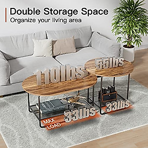 Amada Coffee Table Set, 2-Tier Center Table with Open Shelf and Metal Frame, Modern Round Coffee Table for Living Room, Set of 2, AMCT2V