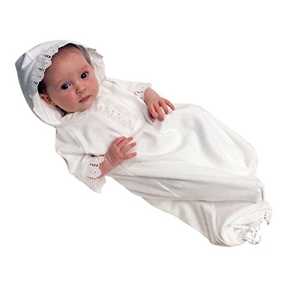 Victorian Organics Baby Gown Organic Cotton and Lace Infant Button Hoodie Bunting (NB 0-3 months, Antique White)