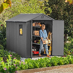 Keter Darwin 6 x 8 Foot Spacious Heavy Duty Storage Shed for Organizing Garden Accessories and Outdoor Tools with Double Doors and High Ceiling, Gray