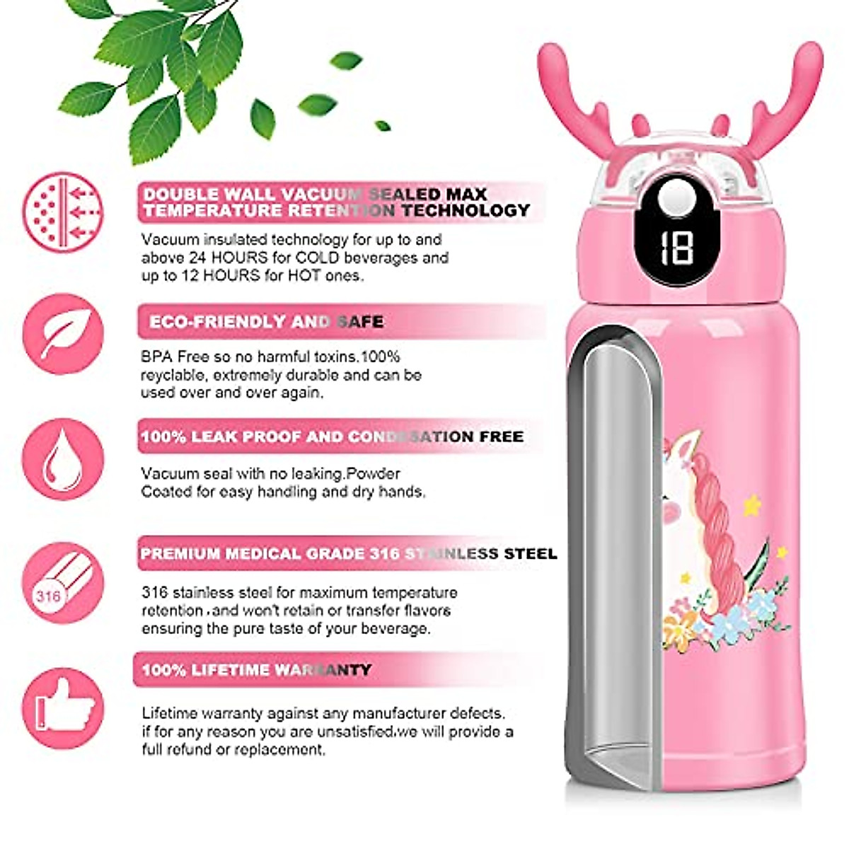Temperature Display Kids Water Bottle，18 Oz，Straw Lid，Vacuum Insulated，316 Stainless Steel，Modern Double Walled Thermo Mug，Pink