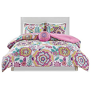 Mi Zone Camille Comforter Set, Vibrant Flowers Design All Season Teen Bedding, Matching Sham, Decorative Pillow, Girls Bedroom Décor, Full/Queen, Pink 4 Piece