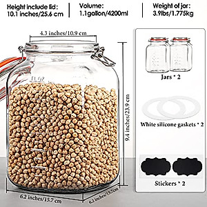 [UPGRADE] 2 Pack Square Super Wide Mouth Airtight Glass Storage Jars with Lids, 1.1 Gallon Glass Jars with 2 Measurement Marks, Canning Jars with Leak-proof Lid for Kitchen(Extra Label and Gasket)