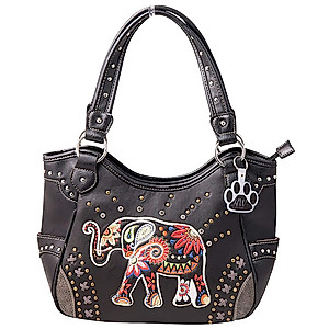 HW Collection Large Elephant Purse Women Embroidered Western Handbag and Wallet Set (Black)
