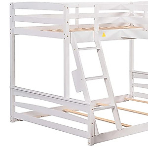 Merax Wood L-Shaped Bunk Bed with a Loft Attached, Triple Bedframe with Desk, Slide, and Guardrails, Twin Over Full, White