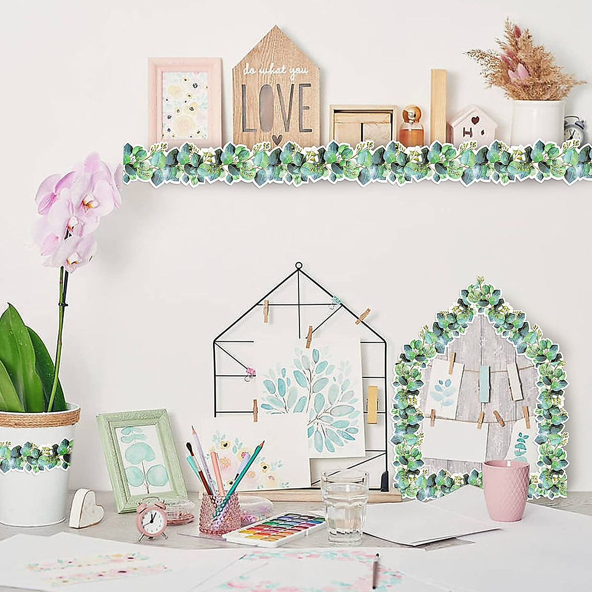 49ft Eucalyptus Die-Cut Border Trim Bulletin Board Classroom Border Trim Eucalyptus Themed Border Sticker for Photo Wall Bulletin Boards Desks Display Home and School Decorations Green