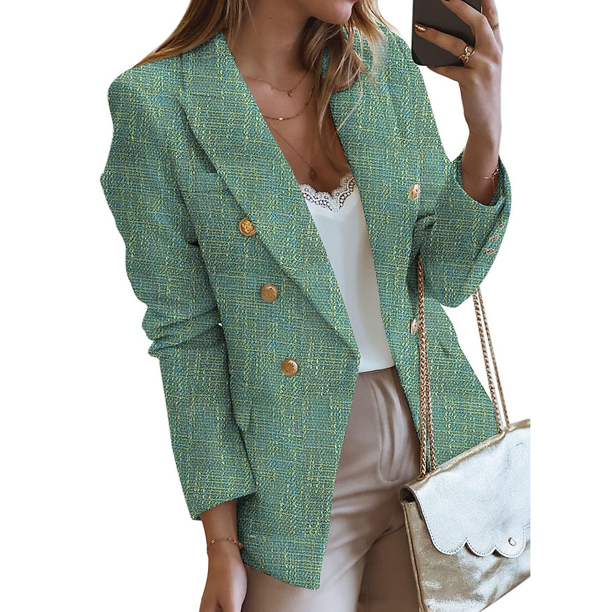 Happy Sailed Womens Tweed Blazer Jackets Fashion Double Breasted Lapel Collar Business Blazers with Pockets Long Sleeve Open Front Office Professional Blazer Work Suits 2024 Green Medium