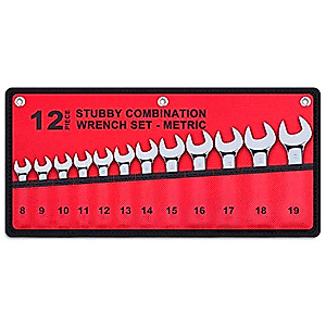 Premium Stubby Combination Wrench Set with Roll-up Pouch, 12-Piece, Metric, 8mm to 19mm, No Skipped Size | Cr-V Steel, Mirror Polished Finish | Short Length and Slim Body, Perfect for Confined Areas