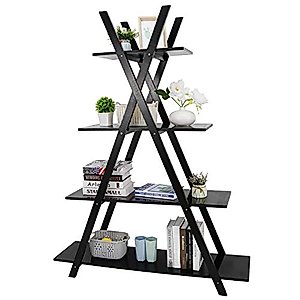 SUPER DEAL A Frame Bookshelf Storage Shelves, 4 Tier Ladder Bookcase Free Standing, Plant Book Display Furniture for Home Office, Black