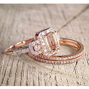 LRGKMCWTOB Fashion Elegant Women Gorgeous 18K Rose Gold Filled Morganite Ring Engagement Bridal Women Jewelry Set Size 6-10 (US 7)