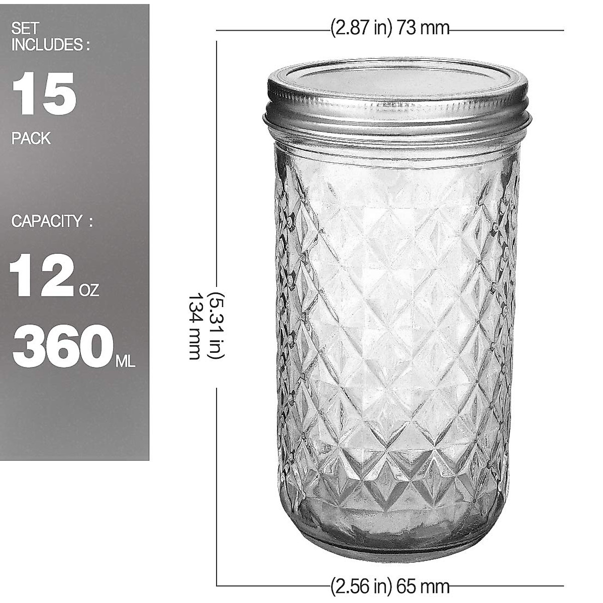 VERONES Mason Jars 12 OZ, Canning Jars Jelly Jars With Regular Lids, Ideal for Jam, Honey, Wedding Favors, Shower Favors,15 PACK