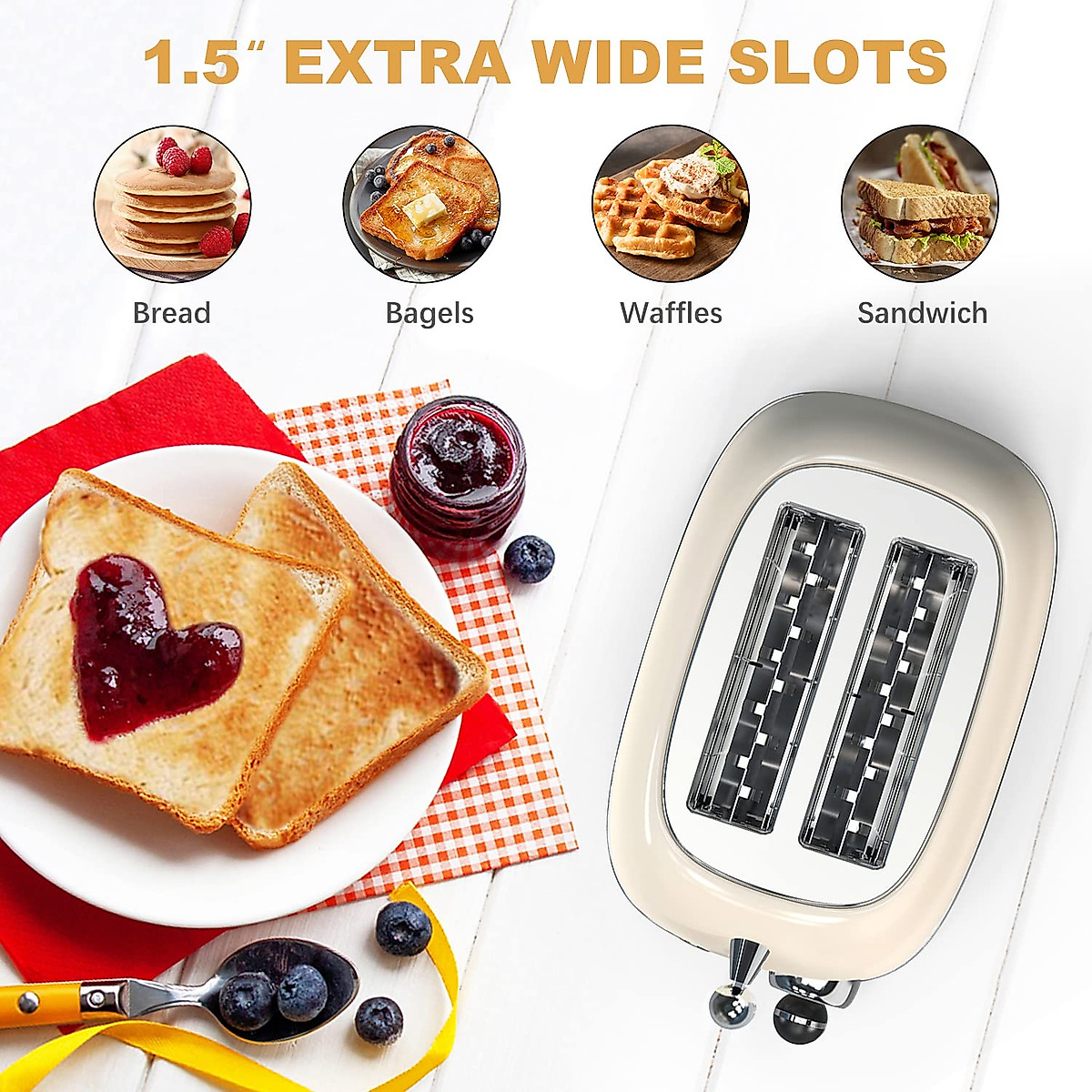 Toaster 2 Slice,1.5"Extra Wide Slots Toaster,Retro Stainless Steel with Bagel, Cancel, Defrost, Reheat Function and 6-Shade Settings, Removal Crumb Tray (Cream)
