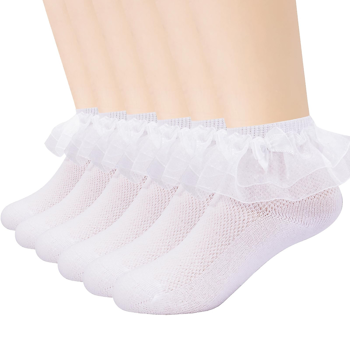 Looching 6 Pairls Baby Toddlers Girls Ruffle Frilly Socks Cotton Princess Lace Top Mesh Dress Socks with Bowknot