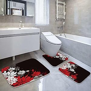 TheBlackSpot Dahlia Floral Bathroom Rugs 20 x 31 White Black and Red Flower Art Bath Mat 16 x 24 Sets 3 Piece Imitation Cashmere Anti Slip Mats U-Shaped Contour Shower Mat