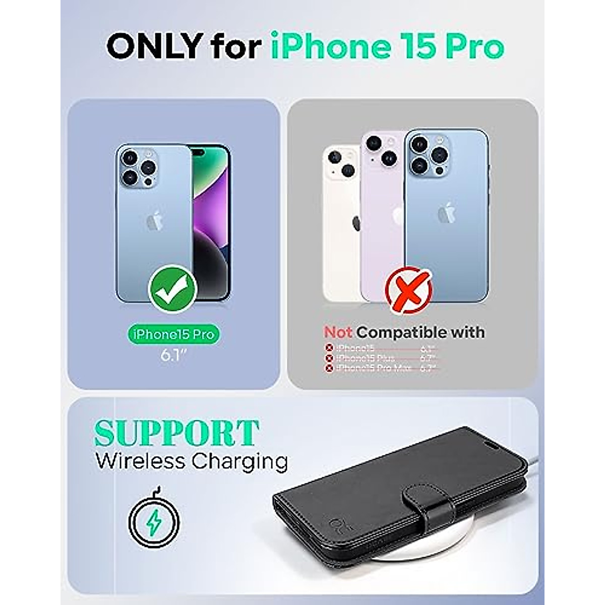 OCASE Compatible with iPhone 15 Pro Wallet Case, PU Leather Flip Folio Case with Card Holders RFID Blocking Kickstand [Shockproof TPU Inner Shell] Phone Cover 6.1 Inch 2023, Black