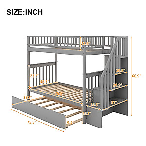 Harper & Bright Designs Twin Over Twin Bunk Bed with Stairs and Trundle, Solid Wood Stairway Bunk Bed Frame with Storage, Can be Split into 3 Separate beds, for Kids Teens Adults (Gray)