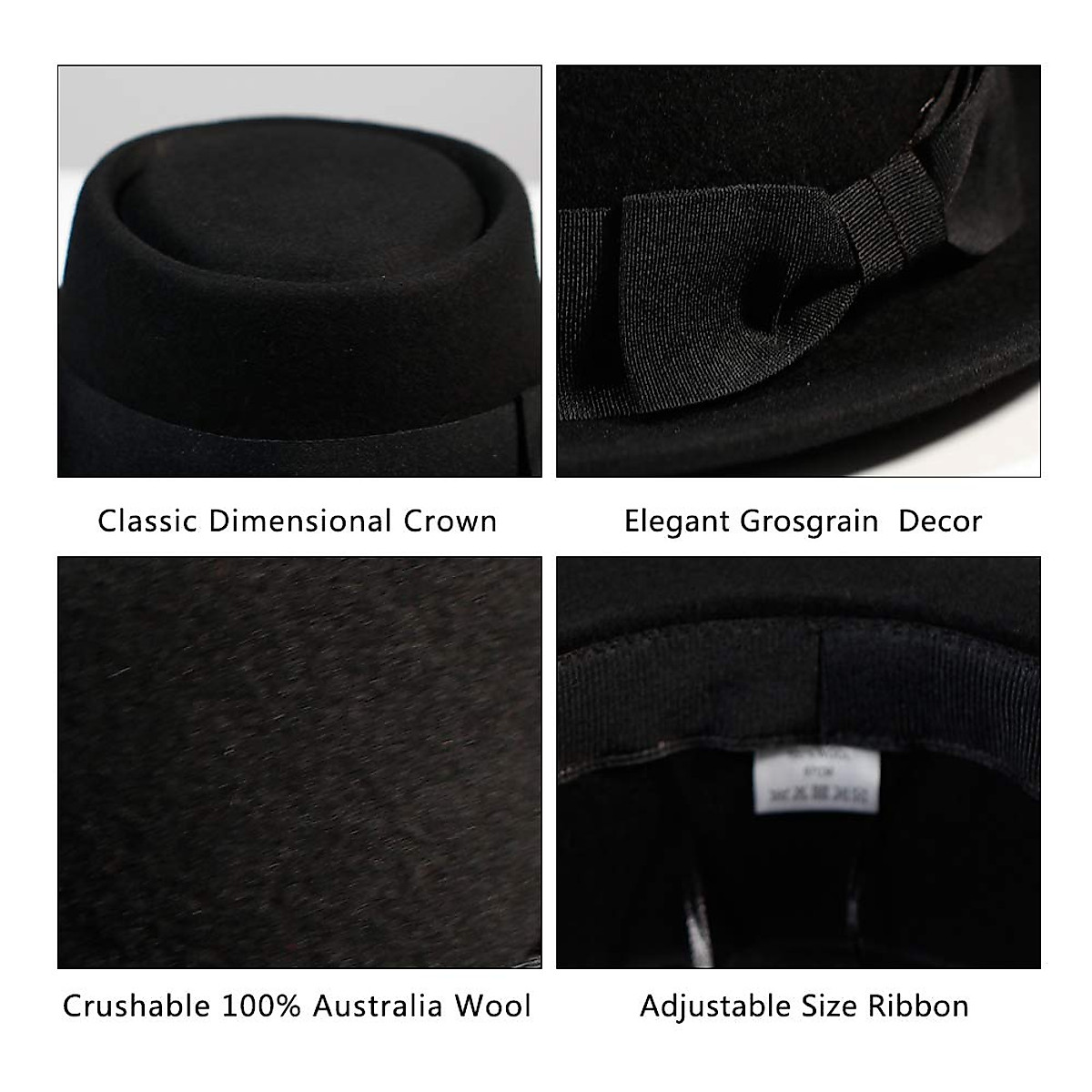 Pork Pie Hat for Men/Women Wool Felt Fedora Boater Porkpie Flat Top Derby Black