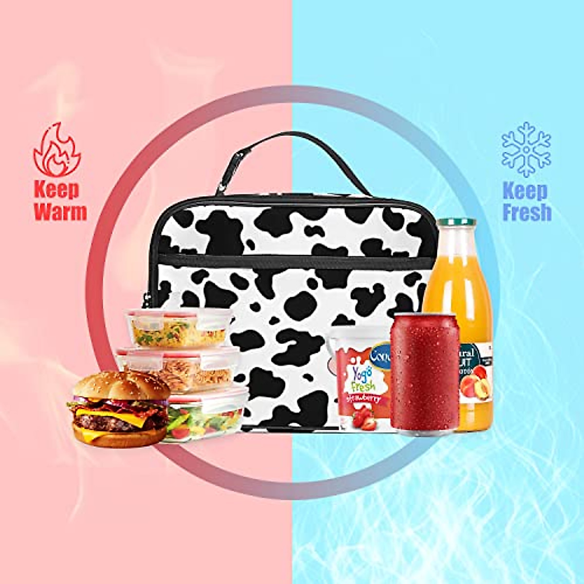 Lunch Bag for Teen Boys Girls, Stylish Reusable Insulated Lunch Box with Side Pocket for Adult and Kids, Durable Cooler Lunch Tote Bag with Detachable Handle for School Work (Cute Cow)