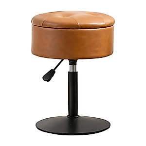 LUE BONA 360°Swivel Vanity Stool Chair for Makeup Room, Height Adjustable Stool for Vanity with Storage, Small Whiskey Brown Faux Leather for Bathroom, Living Room