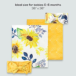 First Landings Newborn Swaddle Set - Matching Headband and Baby Blanket (Set of 2 Each) 36" x 36" Receiving Baby Blanket Boy and Girl - For Newborn Photography, Nursing Covers, Burp Cloths (Sunflower)
