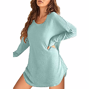 Ekouaer Womens Nightgown Waffle Knit Long Sleeve Nightgown Sleep shirts Night Dress for Women Green L