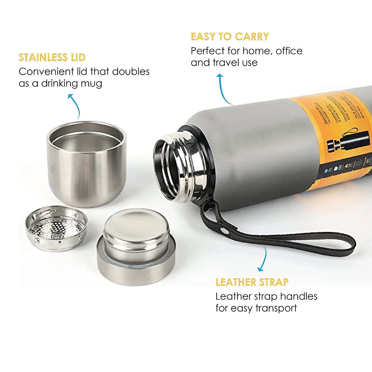 Subron Vacuum Insulated Thermos Water Bottle 17 Oz with Wide Mouth Cup BPA-Free Stainless Steel Water Bottles for Cold & Hot Drink Coffee (500ml,Sliver)