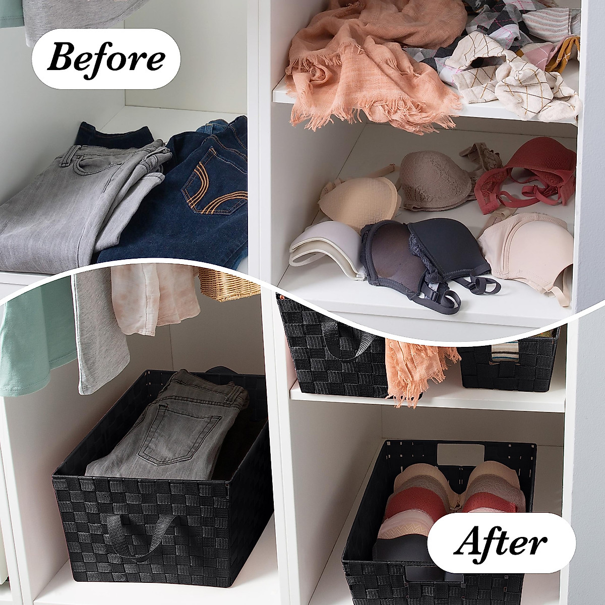 Simplify Large Shelf Woven Strap Tote | Decorative Storage Basket | Built in Handles | Organization | Closet | Bedroom | Bathroom | Nursery | Accessories | Toys | Gifts | 2 Pack | Black