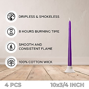 Sonedly 10 inch Taper Candle 4 Pack - Home Interior Long Burning Dripless and Smokeless Candles Unscented - Tapered Candles for Home - 8-Hour Burning Purple Candles