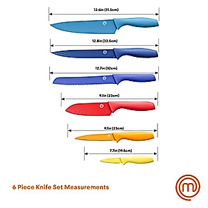 MasterChef Kitchen Knives Set with Covers incl. Paring, Boning, Carving, Bread, Santoku & Chef Knife, Sharp Cutting Stainless Steel Blades with Sheaths, 12 Piece (6 Colored Knives & 6 Covers)