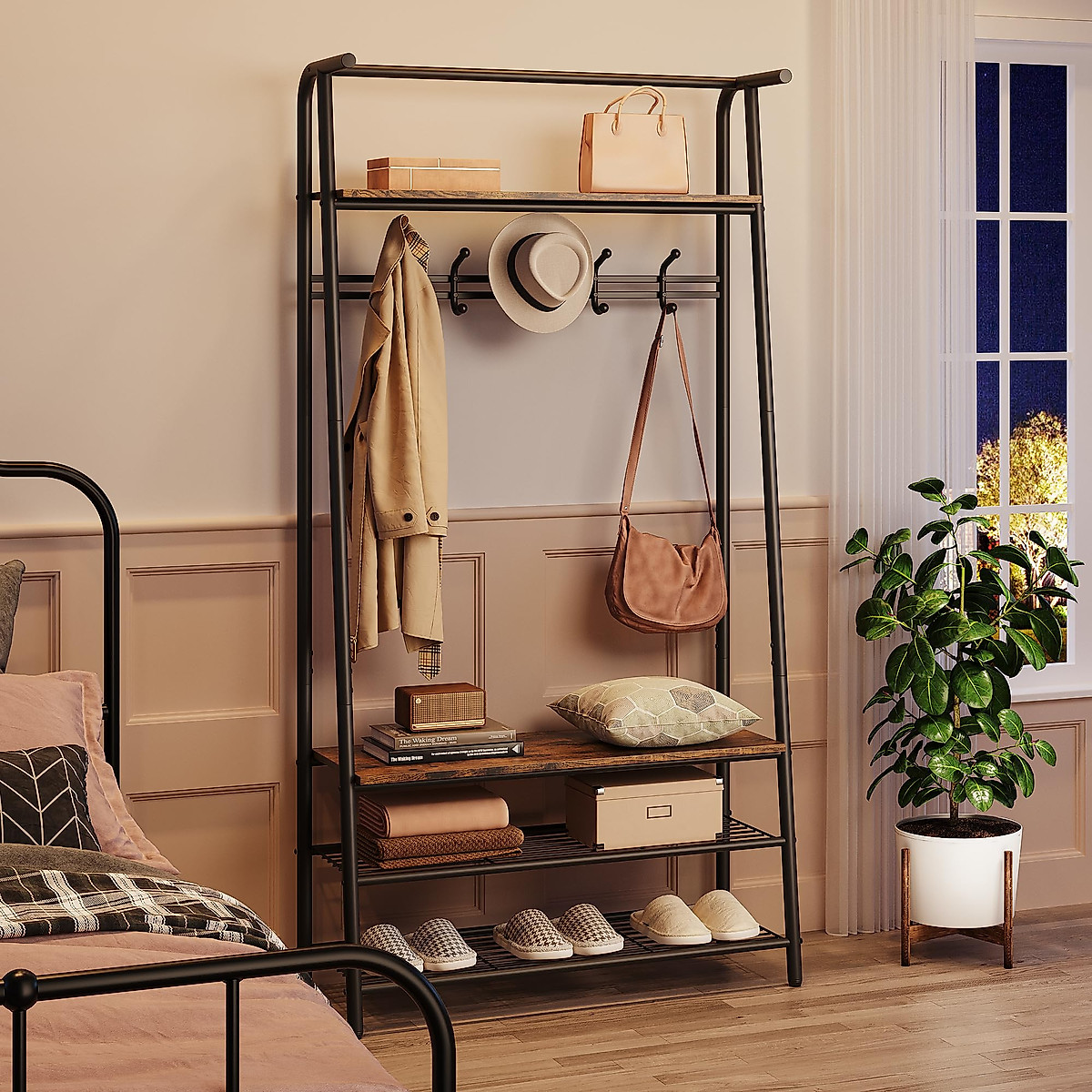 Coat Rack Shoe Bench with 5 Hooks, Entryway Hall Trees with Storage, Multifunctional Hallway Organizer, Wood Look Accent Furniture with Metal Frame, 4-in-1 Hall Trees Shoe Bench (5 Hooks-31.5 In)