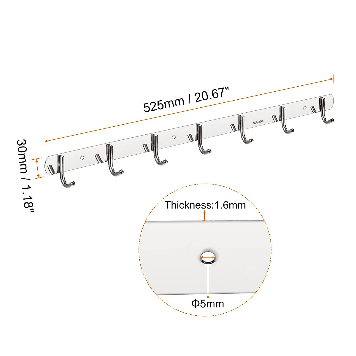 uxcell Coat Hook Rack, 304 Stainless Steel Coat Rack Wall Mounted with 7 Hooks Metal Hook Rail Wall Hangers for Hanging Bedroom Bathroom 2Pcs
