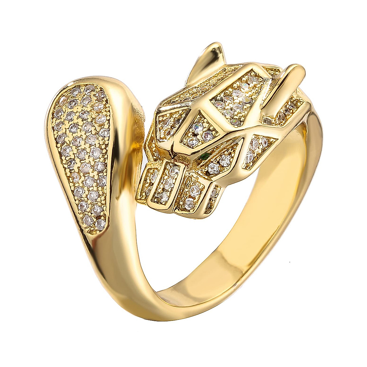 AIKAITUO 14K Gold Transparent Crystal Rhinestone Cheetah Leopard Head Ring Adjustable Statement-ring for Women
