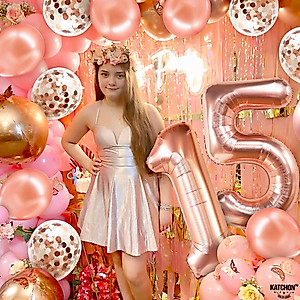 KatchOn, Rose Gold 15 Balloons Number - Giant, 40 Inch | 15 Birthday Balloons with Confetti for Happy 15th Birthday Decorations for Girls | Quinceanera Decorations | 15 Birthday Decorations for Girls