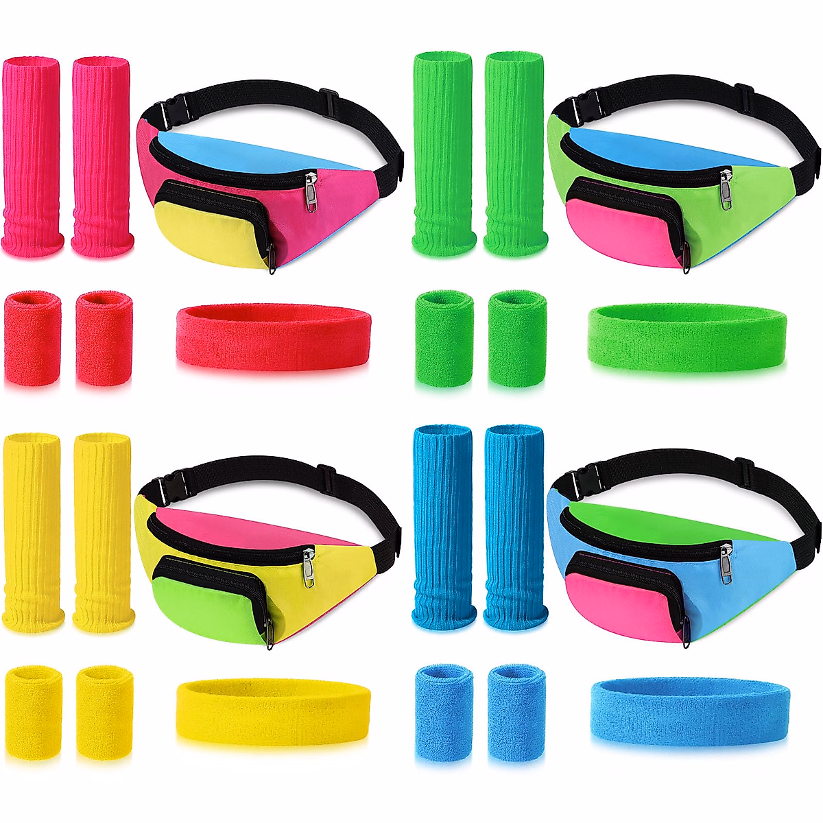 Xuniea 4 Set 80s Accessories for Women Workout Set Include Retro 80s Fanny Pack Neon Leg Warmers Headband and Wristbands 80s 90s Party Disco Neon Party cosplay