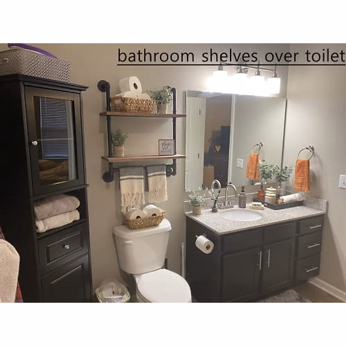 ROGMARS Industrial Pipe Shelf Floating Shelves Bathroom,Industrial Pipe Shelving Farmhouse Bathroom Shelves with Towel Bar Towel Rack Over Toilet Industrial Shelf Rustic Wall Wood Shelves 19.7 Inch