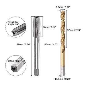 uxcell 5/16-24 UNF Straight Flute Tap Left Hand and 6.9mm Twist Drill Bit Set, Titanium Plated High Speed Steel Drilling Bit Machine Threading Tap