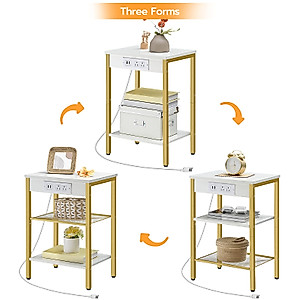 HOOBRO End Tables Set of 2 with Charging Station and USB Ports, 3-Tier Nightstands with Adjustable Shelves, Small Side Tables for Small Space in Living Room, Bedroom, White and Gold DW112BZP201G1