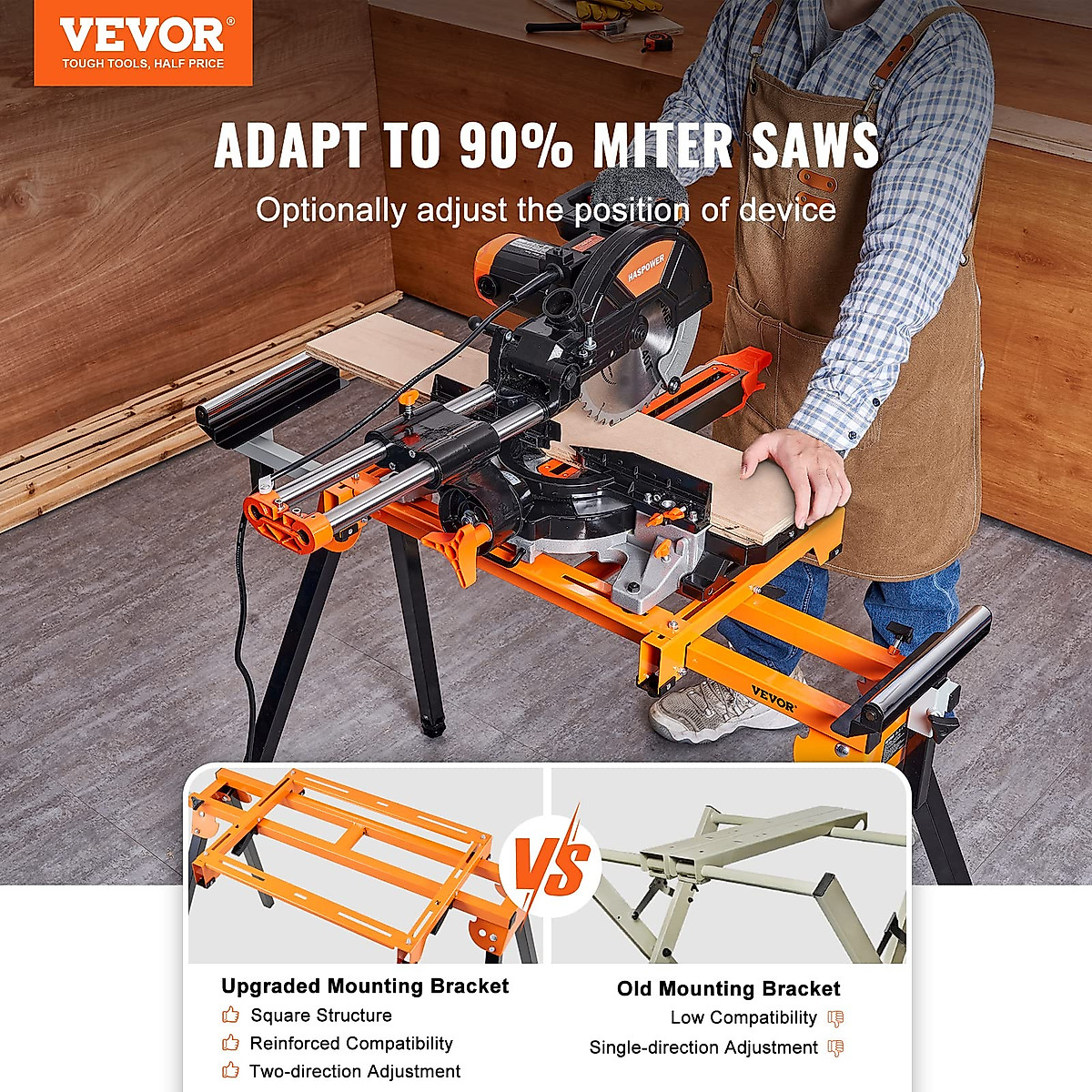 VEVOR Miter Saw Stand, 79in Collapsible Rolling Miter Saw Stand with One-piece Mounting Brackets Clamps Rollers, Heavy Duty Folding Miter Saw Stand with Sliding Rail, 330lbs Load Capacity