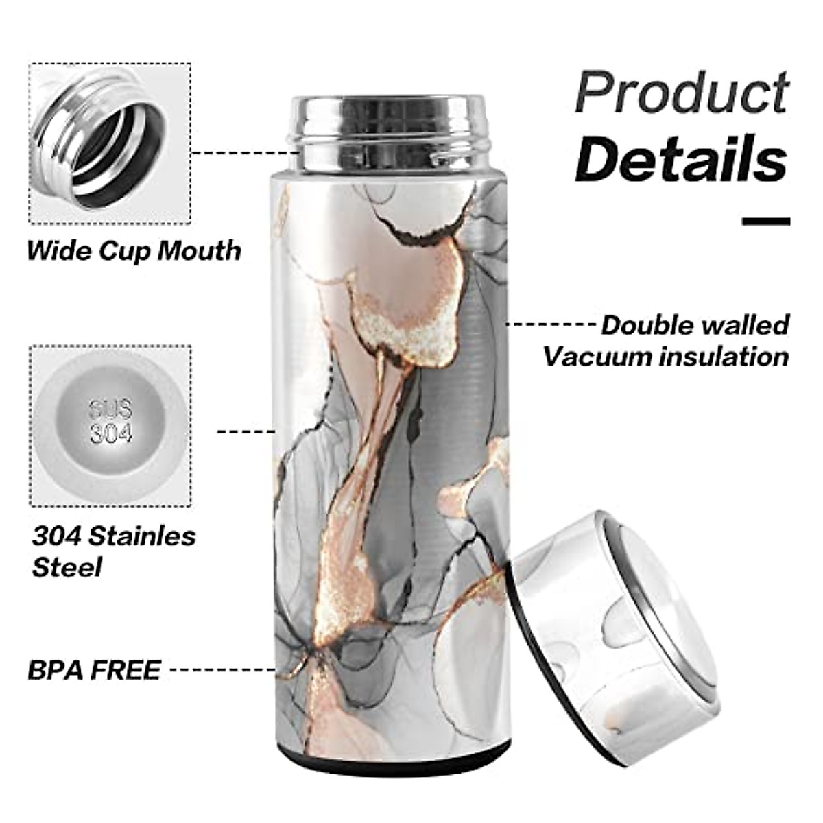 CaTaKu Pink Gold Marble Water Bottle Insulated 16 oz Stainless Steel Flask Thermos Bottle for Coffee Water Drink Reusable Wide Mouth Vacuum Travel Mug
