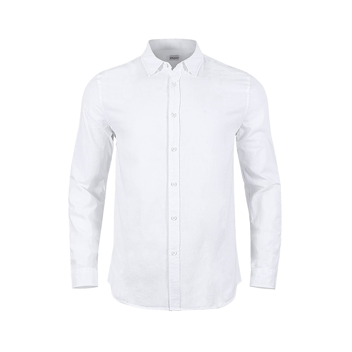 JEKAOYI Mens Casual Long Sleeve Cotton Linen Shirts Buttons Down Solid Plain Roll-Up Sleeve Summer Beach Shirts White