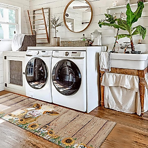 Set of 2 Non-Slip Kitchen Mat 2 Piece Sunflower Cow Comfort Standing Kitchen Mat Waterproof and Oil Proof Farmhouse Animals Cute Rustic Wood