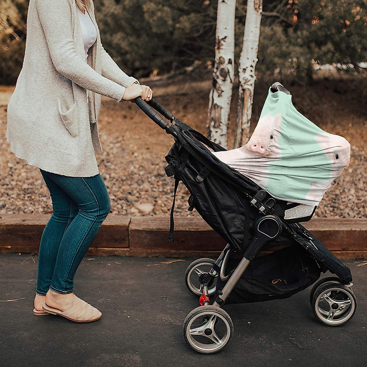 Cute Farmhouse Pig Oil Painting Baby Car Seat Covers Breastfeeding Cover 26" x 27.6", Cute Farm Animal Mint Green Nursing Breastfeeding Covers for Shopping Cart, High Chair, Stroller Covers