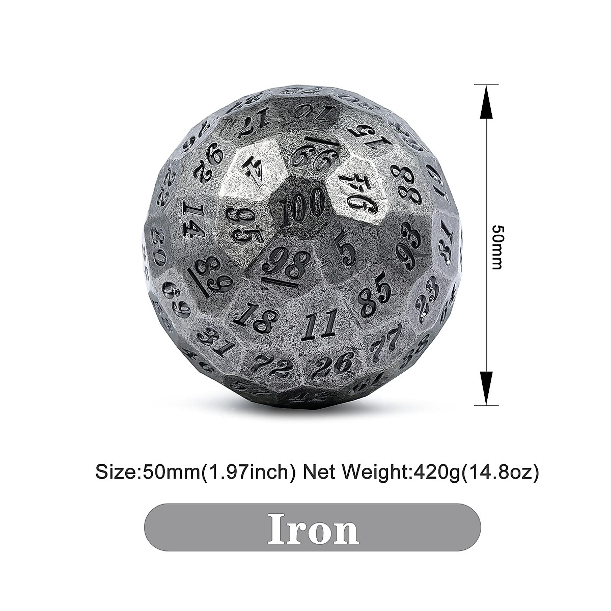 DNDND Iron D100 Metal Dice Set Single 50mm 100 Sided Die with Metal Case and Velvet Pouch for Table Game Dungeons and Dragons (Iron with Black Number)