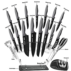 PrinChef Knife Set, 19 Pcs Rust Proof Knives Set for Kitchen, with Acrylic Stand, Sharpener, Scissors and Peeler, Stainless Steel knife sets with Black Coating, Nonstick and No Scratch