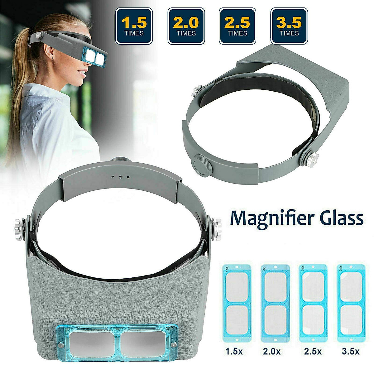 Headband Magnifier Binocular Magnifying Glass Jewelry Magnifiers Double Lens with Lens -1.5X 2X 2.5X 3.5X Magnification, Reading Magnifier Glasses Watchmaking Binocular Magnifier Watch Repair Tool