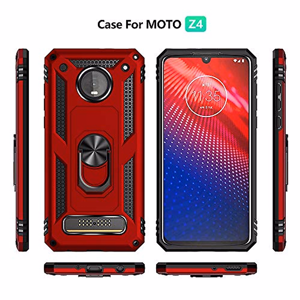 Military Grade Drop Impact for Motorola Moto Z4 Case,Moto Z4 Play Case 360 Metal Rotating Ring Kickstand Holder Magnetic Car Mount Armor Heavy Duty Case Z4 Z4 Play Z4 Force Phone Case (Red)