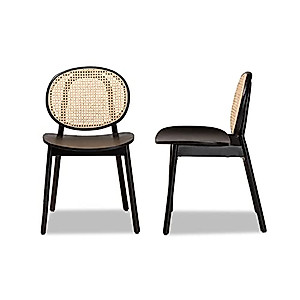 Baxton Studio Halen Mid-Century Modern Brown Woven Rattan and Black Wood Finished 2-Piece Cane Dining Chair Set