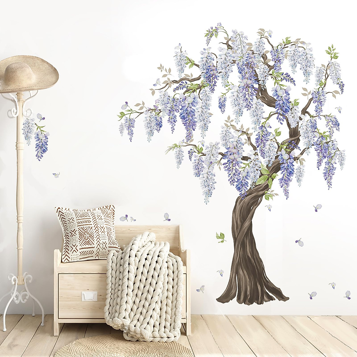 wondever Purple Flower Tree Wall Stickers Large Tree Hanging Wisteria Floral Peel and Stick Wall Art Decals for Bedroom Living Room Sofa TV Background