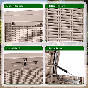 KFY deck box,100-gallon indoor and outdoor storage box made of waterproof and sun-resistant resin material, meeting storage needs for the living room, patio, swimming pool, and toolshed (light khaki)