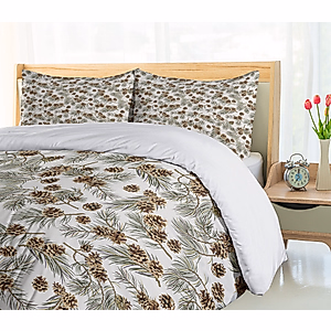 Lunarable Pinecone Duvet Cover Set, Scenery Illustration of Hand Painted Pine Tree Branches and Sepia Cone, Decorative 3 Piece Bedding Set with 2 Pillow Shams, King Size, Brown Green